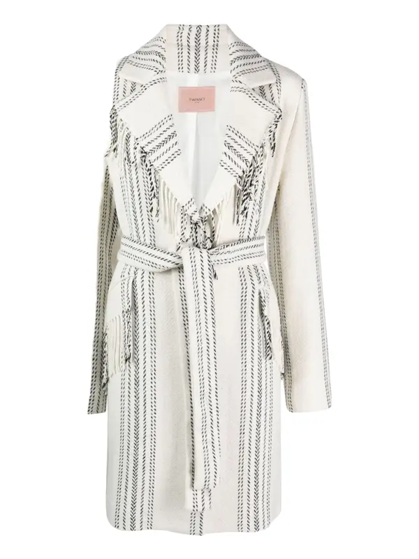 TWINSET Jacquard Fringed Coat - White