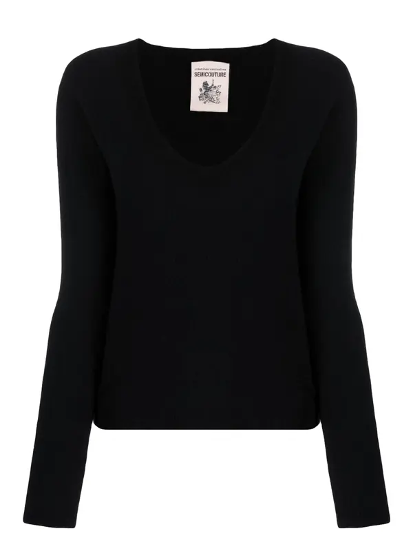 SEMICOUTURE Brushed U-neck Knit Top - Black