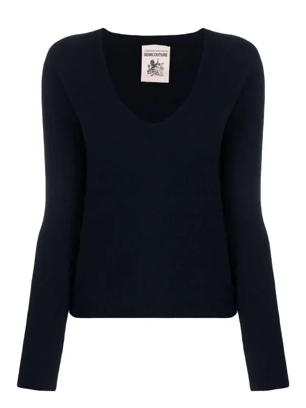 SEMICOUTURE Brushed U-neck Knitted Top - Blue