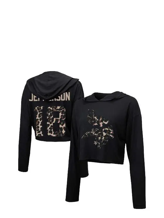 MAJESTIC THREADS Justin Jefferson Minnesota Vikings Leopard Player Name & Number Long Sleeve Cropped Hoodie - Black