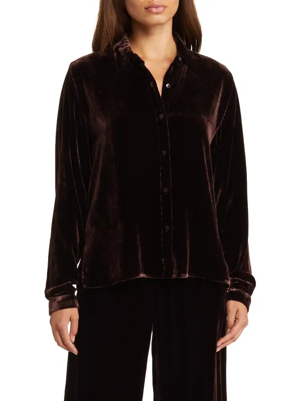 Eileen Fisher Classic Collar Velvet Button-up Shirt - Cassis