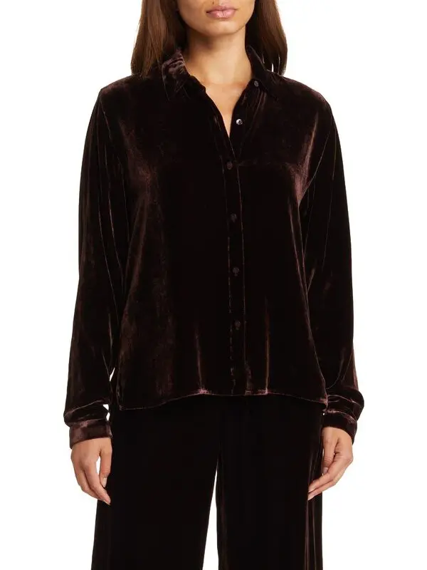 Eileen Fisher Classic Collar Velvet Button-up Shirt - Cassis
