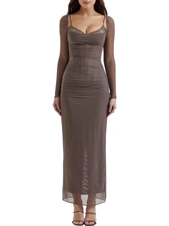 House Of Cb Katrina Lace Mesh Long Sleeve Gown - Pebble Grey