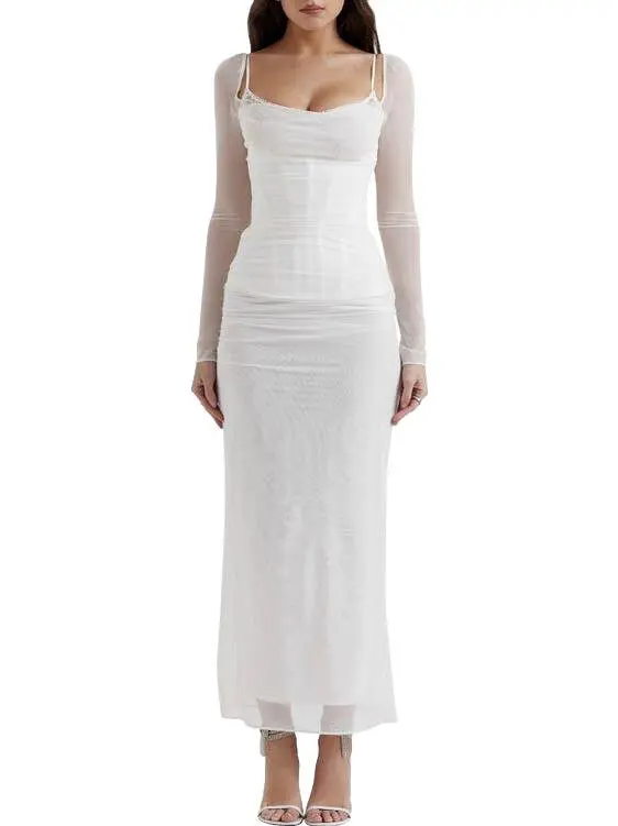 House Of Cb Katrina Lace Mesh Long Sleeve Gown - White