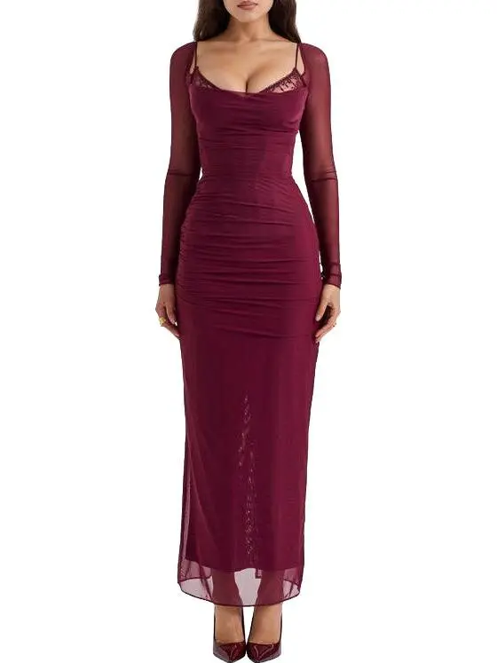 House Of Cb Katrina Lace Mesh Long Sleeve Gown - Windsor Wine