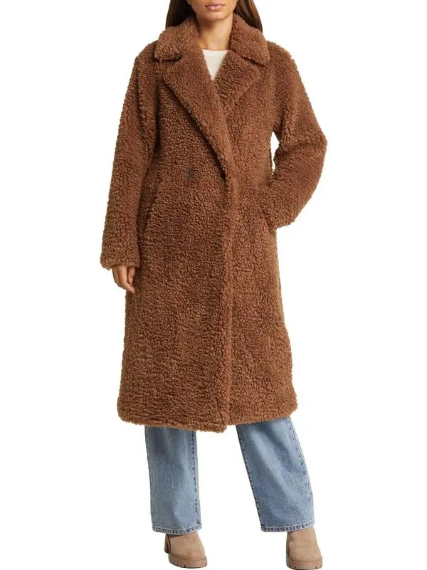 Bernardo Faux Shearling Double Breasted Longline Coat - Brown