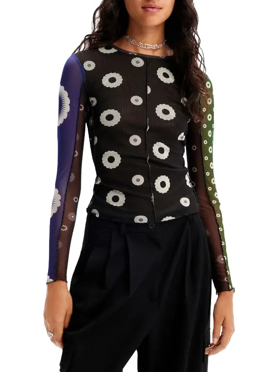 Desigual Mixed Print Colorblock Mesh Top - Black
