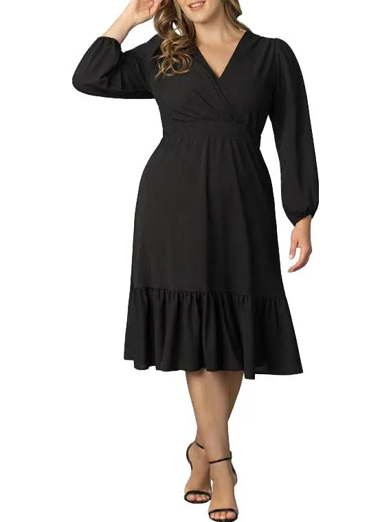KIYONNA Portia Long Sleeve Faux Wrap Midi Cocktail Dress - Black Noir