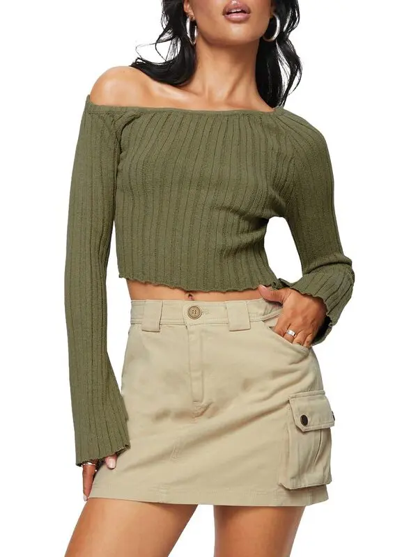 Princess Polly Santorini Off-the-shoulder Rib Top - Khaki