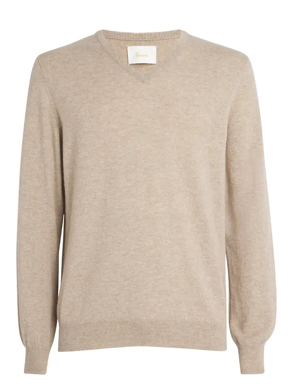 Harrods Cashmere V-neck Pullover - Beige