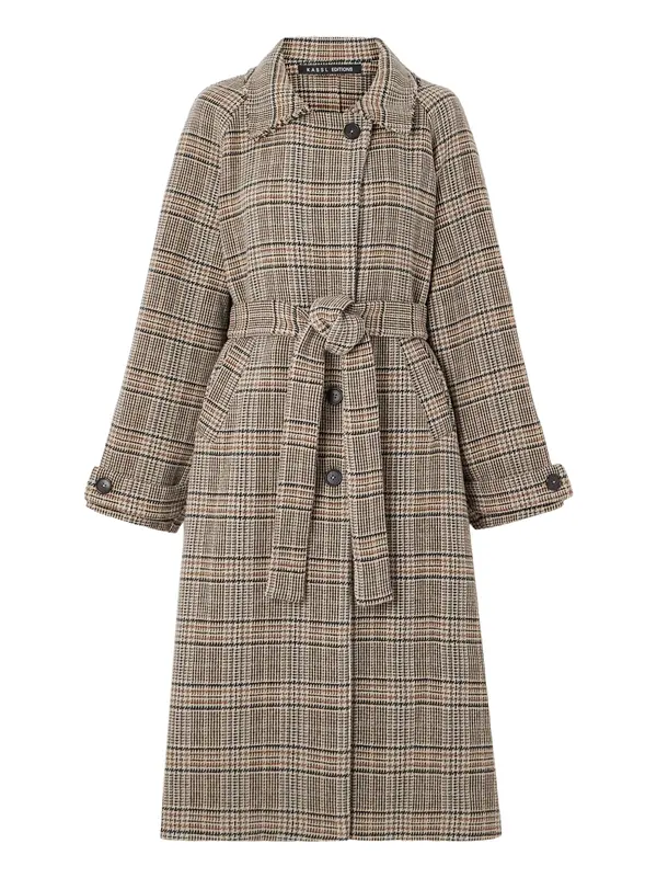 KASSL EDITIONS Distressed Belted Checked Wool-blend Coat - Brown