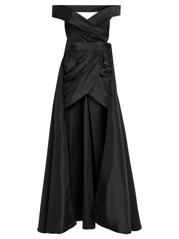 RHEA COSTA Convertible Off-the-shoulder Draped Gown - Black