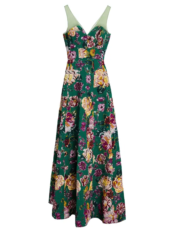 Marchesa Tulle-trimmed Floral-jacquard Gown - Emerald