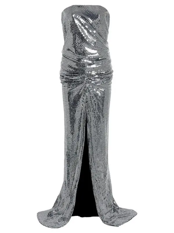 RHEA COSTA Strapless Draped Sequin Gown - Silver