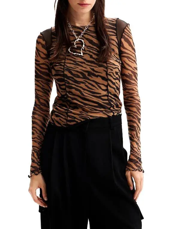 Desigual Leopa Zebra Stripe Long Sleeve Tulle Top - Brown