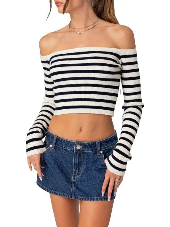EDIKTED Miranda Stripe Rib Off The Shoulder Long Sleeve Knit Crop Top - Mix