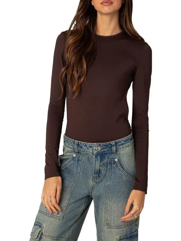 EDIKTED Neta Back Cutout Long Sleeve Bodysuit - Brown