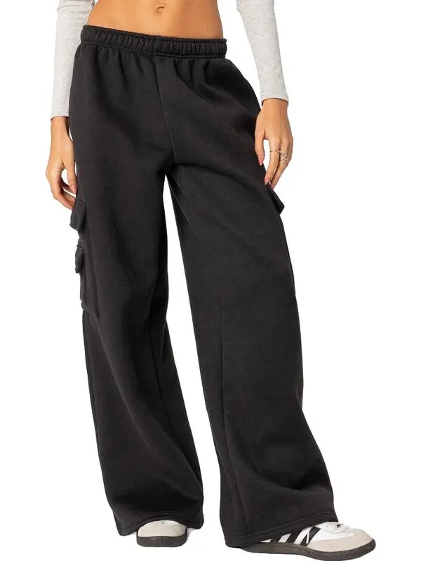 EDIKTED Wide Leg Cotton Cargo Sweatpants - Dark-gray