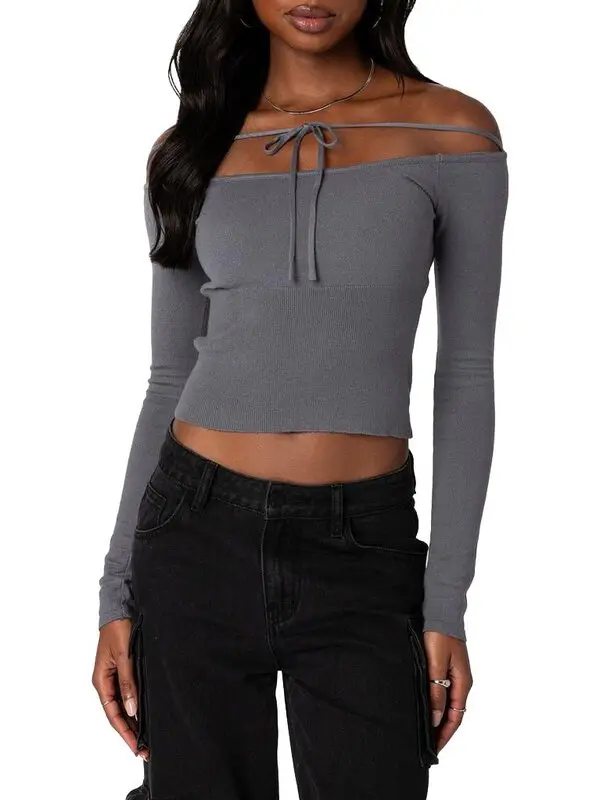 EDIKTED Jane Tie Front Crop Top - Gray