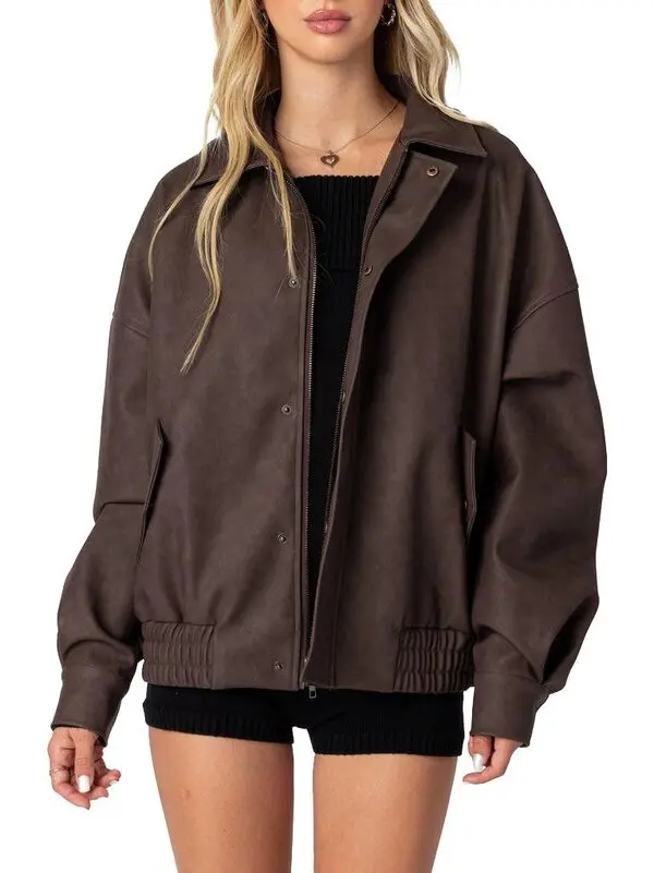 EDIKTED Mori Oversized Faux Leather Jacket - Brown