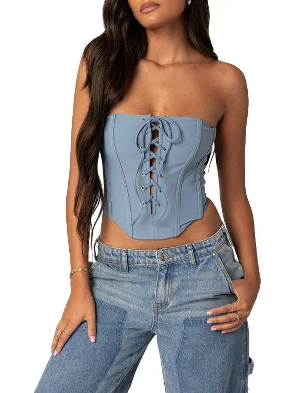 EDIKTED Kilah Strapless Corset Top - Blue