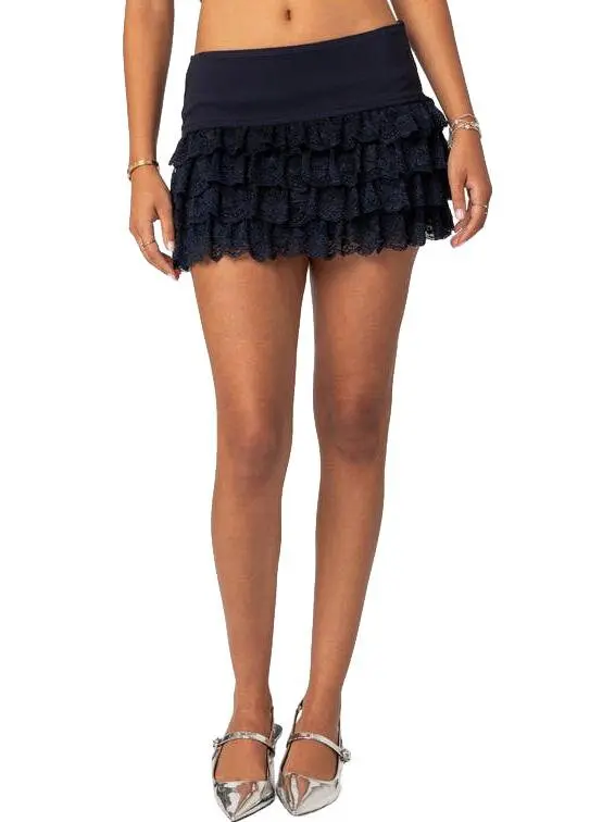 EDIKTED Maisie Ruffle Lace Mini Skirt - Navy