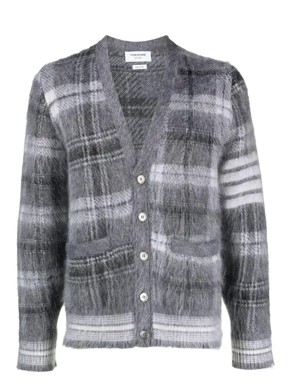 Thom Browne Textured Tartan Pattern Cardigan - Grey