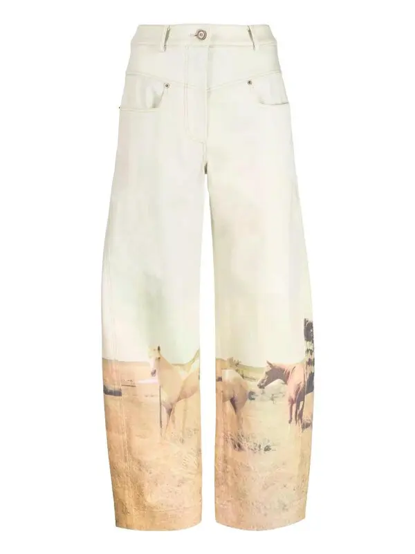 REJINA PYO Horse-print Wide-leg Jeans - Green