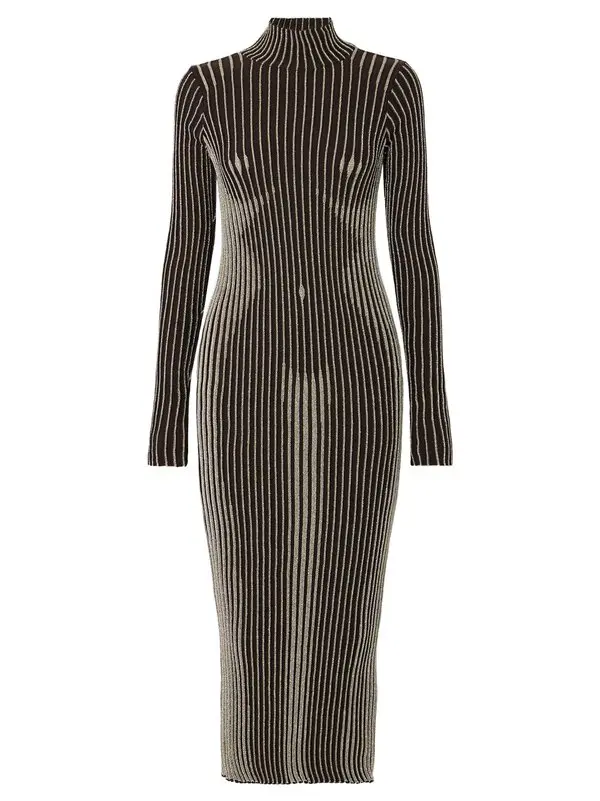 JEAN PAUL GAULTIER Ribbed Metallic Turtleneck Midi Dress - Brown