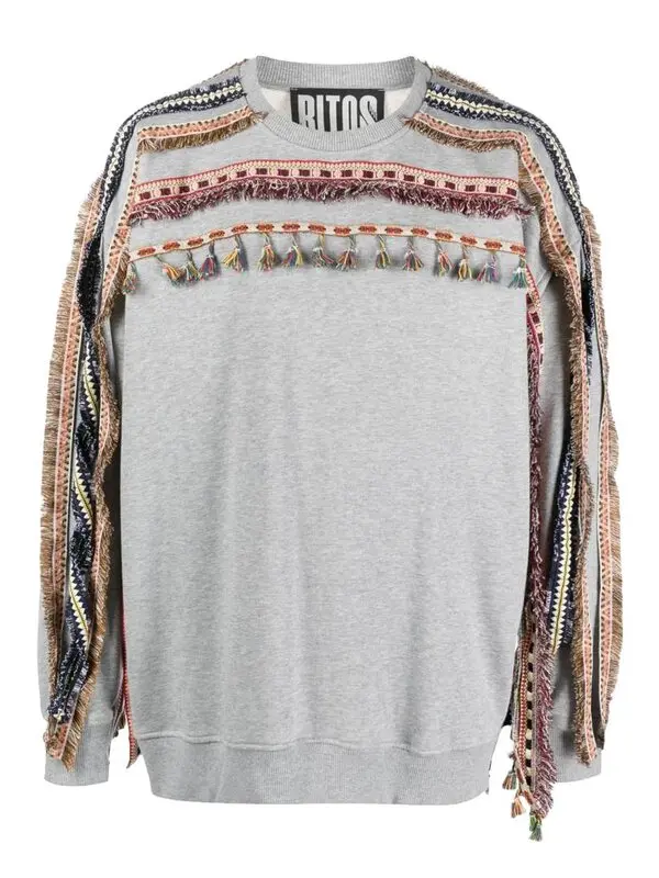 RITOS Embroidered Tasseled Cotton Sweater - Grey