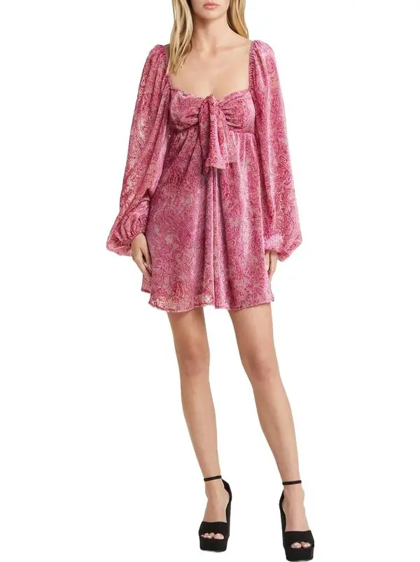 For Love & Lemons Francesca Paisley Burnout Velveteen Babydoll Dress - Purple