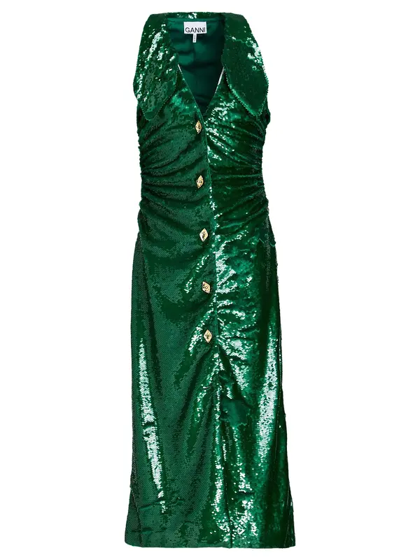 GANNI Sequined Crepe Midi Dress - Green
