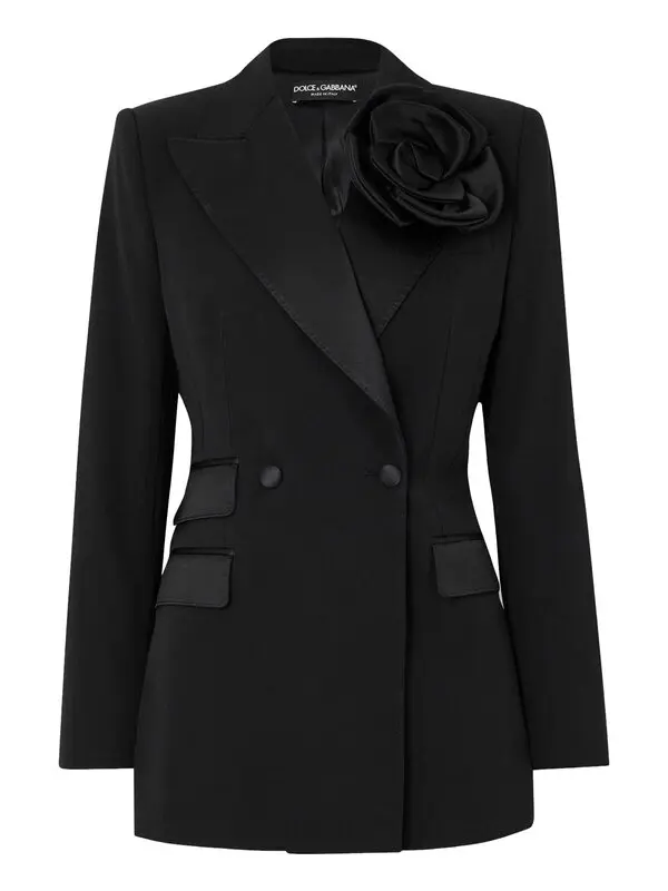 Dolce & Gabbana Appliquéd Silk-satin Trimmed Double-breasted Wool-blend Blazer - Black