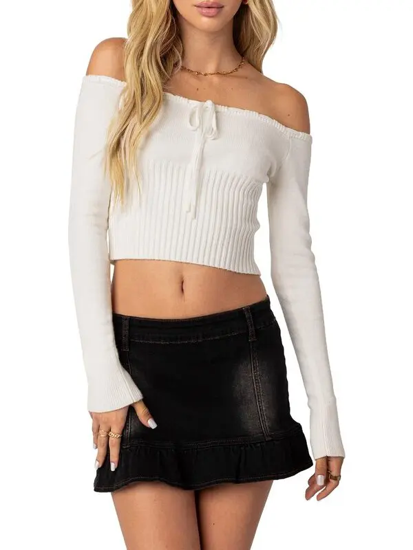 EDIKTED Dawna Off-the-shoulder Ribbed Crop Sweater - Cream