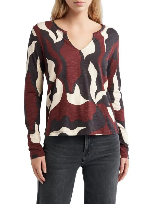 Sanctuary Print Split Neck Knit Top - Chicory Red