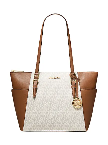 Michael Kors Charlotte Large Logo And Leather Top-zip Tote Bag - Natural