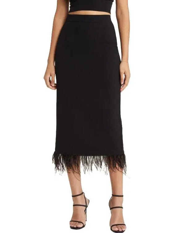 WAYF Kismet Feather Trim Midi Skirt - Black