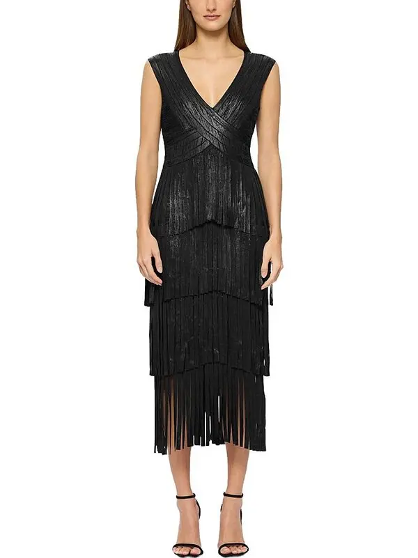 Herve Leger Foiled Bandage Fringe Midi Dress - Black Foil