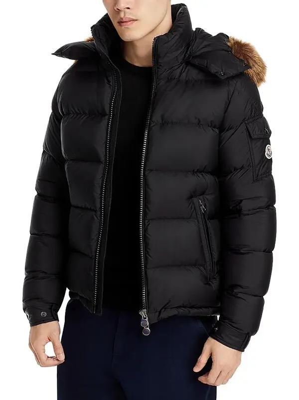 Moncler Maya Faux Fur Trim Hooded Down Puffer Jacket - Black
