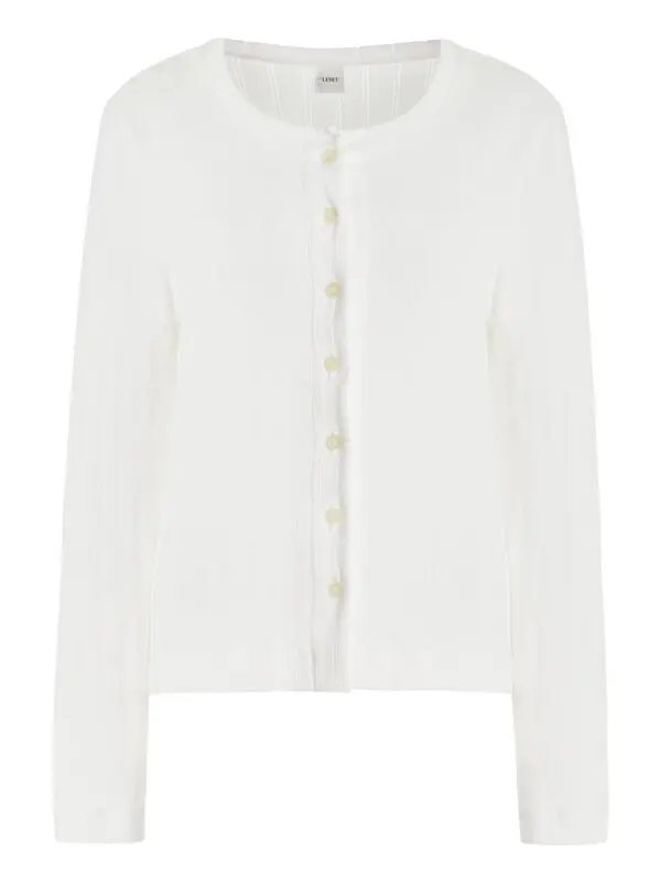 LESET Pointelle Knit Cotton Crewneck Cardigan - White