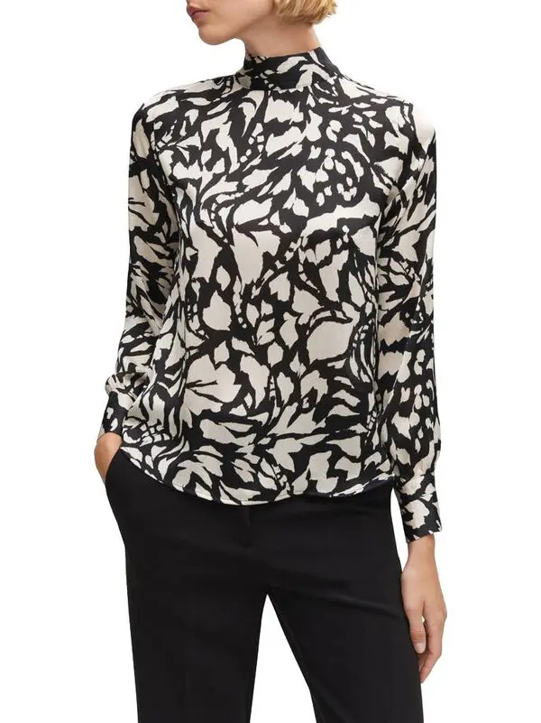 Mango Print Mock Neck Top - Black