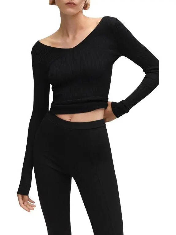 Mango V-neck Ribbed Crop Sweater - Black