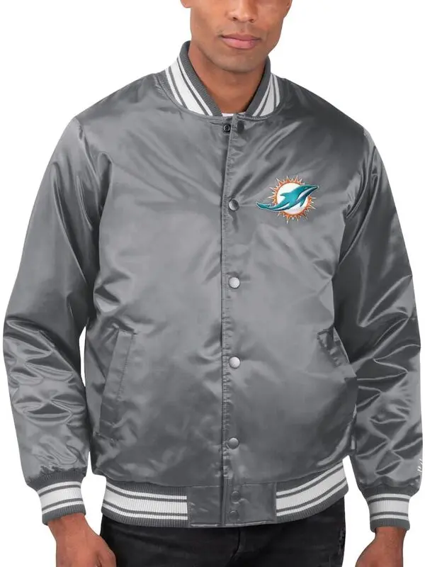 STARTER Miami Dolphins Locker Room Satin Varsity Jacket - Gray