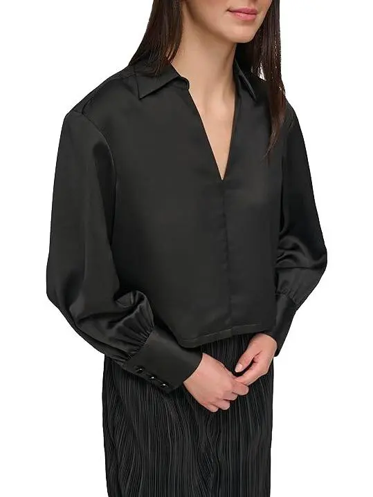 Dkny Long Sleeve Collared V-neck Satin Blouse - Black