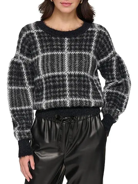 Dkny Long Sleeve Box Plaid Sweater - Black