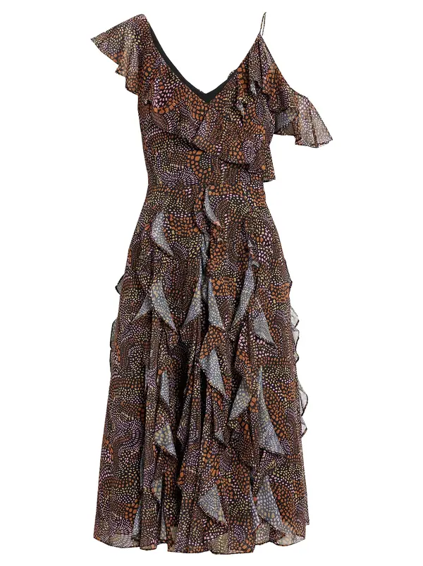 MIKAEL AGHAL Ruffled Printed Midi Dress - Orange