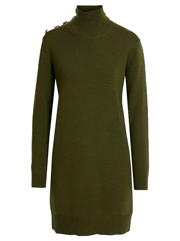 Veronica Beard Banner Button-detailed Merino Wool Turtleneck Mini Dress - Army Green