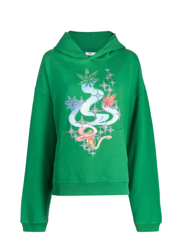 ERL Leaf-print Cotton Hoodie - Green