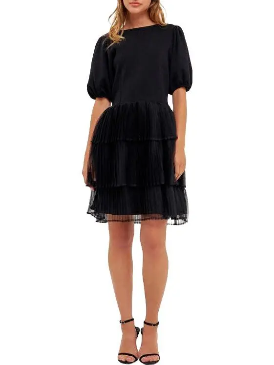 English Factory Puff Sleeve Mini Dress - Black