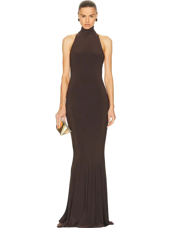 Norma Kamali Halter Turtleneck Fishtail Gown - Chocolate